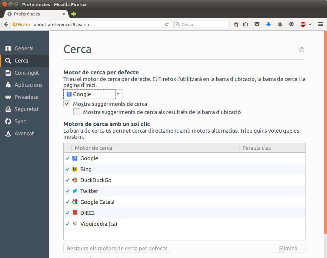 Configurar el cercador de google de Mozilla Firefox en català per defecte · Momex